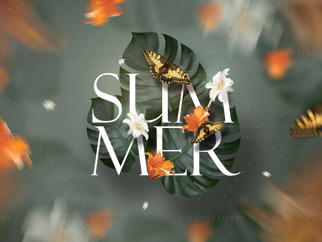 Summer Graphic with Tropical Flowers and Leaves - Creative Flyers