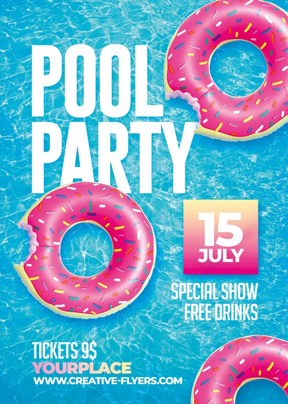 Pool Party Poster with Inflatable Rubber Rings (PSD) - Creative Flyers
