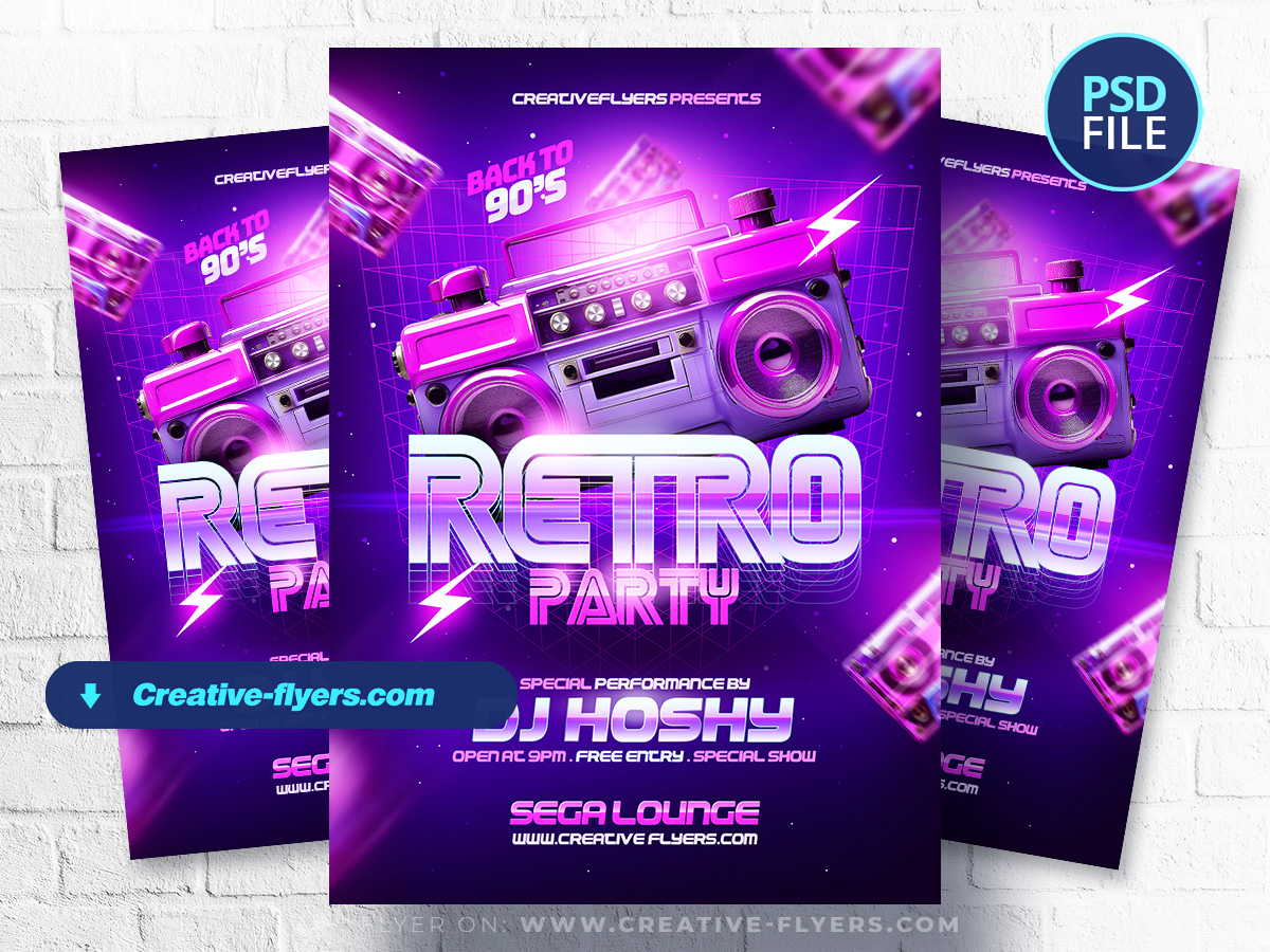 90's Retro Party Flyer Template for Photoshop - Creative Flyers