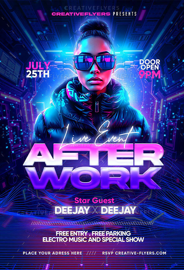 Futuristic Party Flyer, Neon Cyberpunk Aesthetic - Creative Flyers