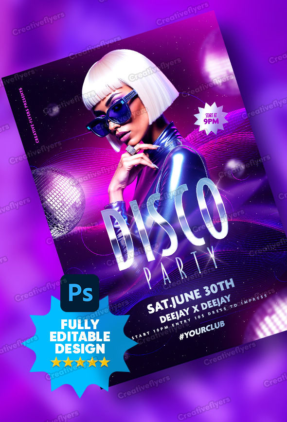 Modern Disco Party Flyer Design to Customize - Creative Flyers